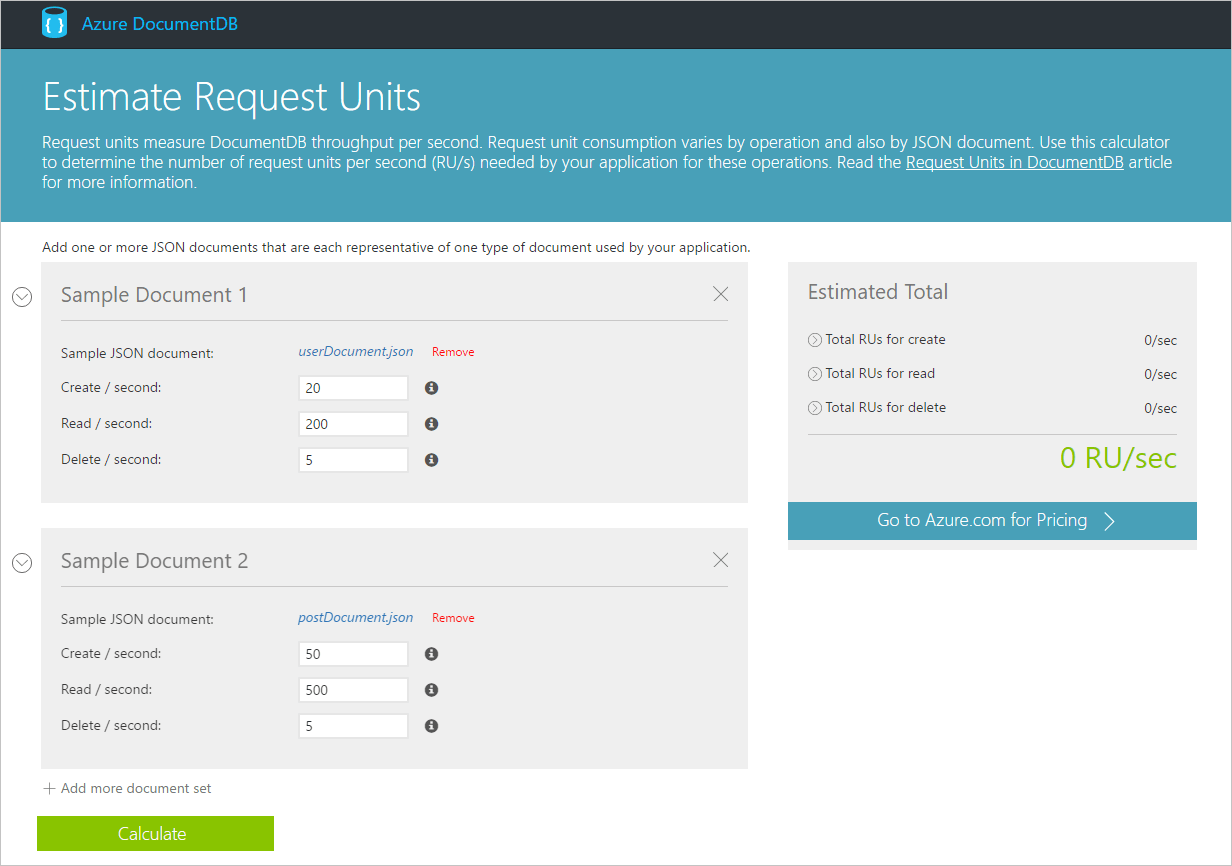 DocumentDB Throughput Calculator – AzureHeads